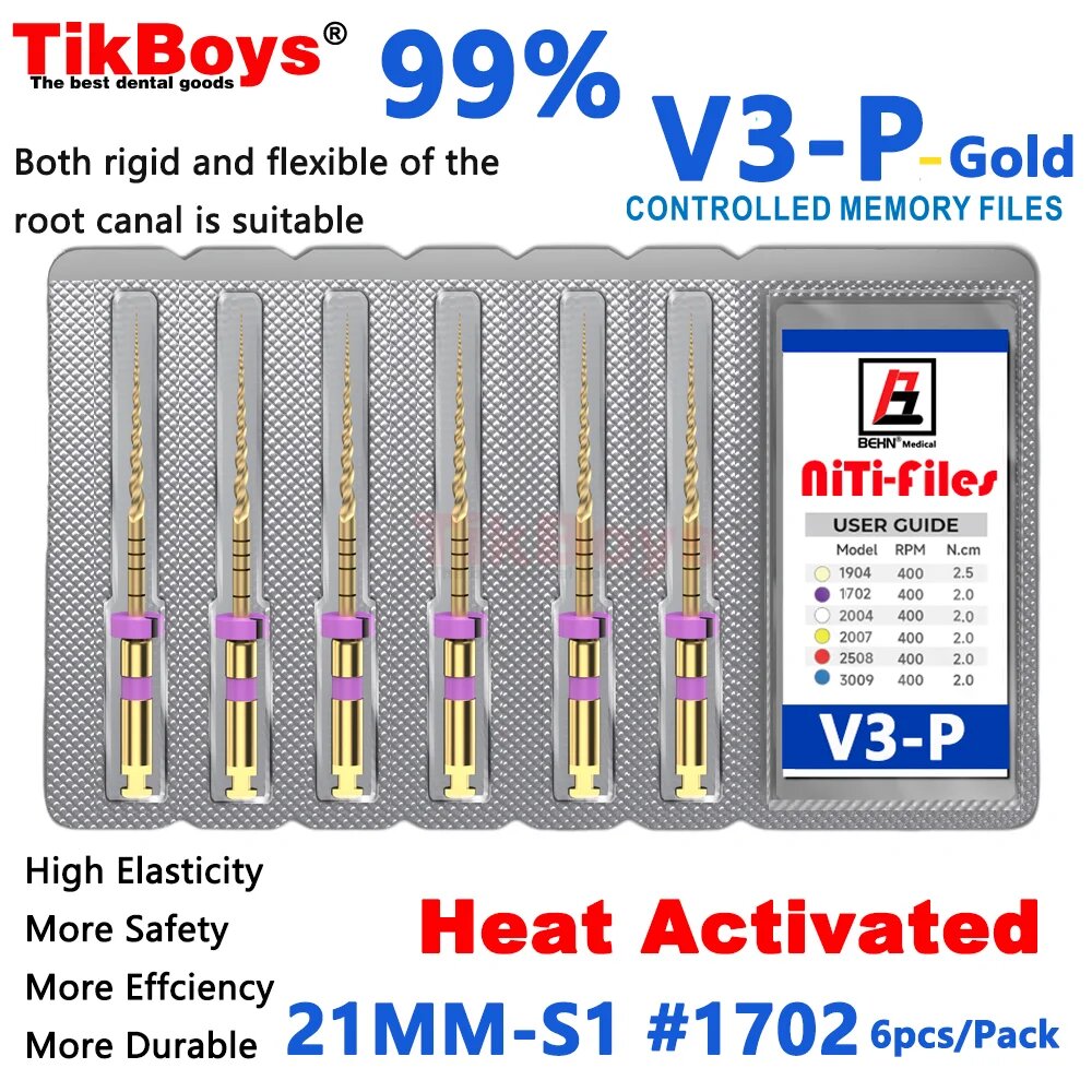 Стоматологические файлы TikBoys V3-P Gold 6 шт. 21MM-S1