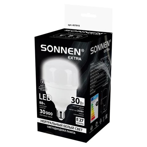 Лампа светодиодная SONNEN EXTRA, 30 (250) Вт, Е27, цилиндр, нейтральный белый, 30000 ч, LED Т100-30W-4000-Е27, 457915