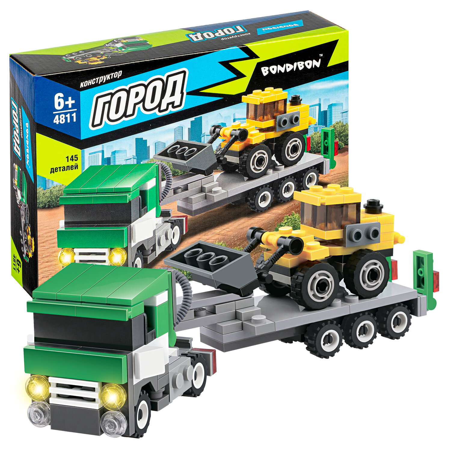 Конструктор Bondibon Город, Тягач с платформой и бульдозер, 145 деталей (ВВ4811)