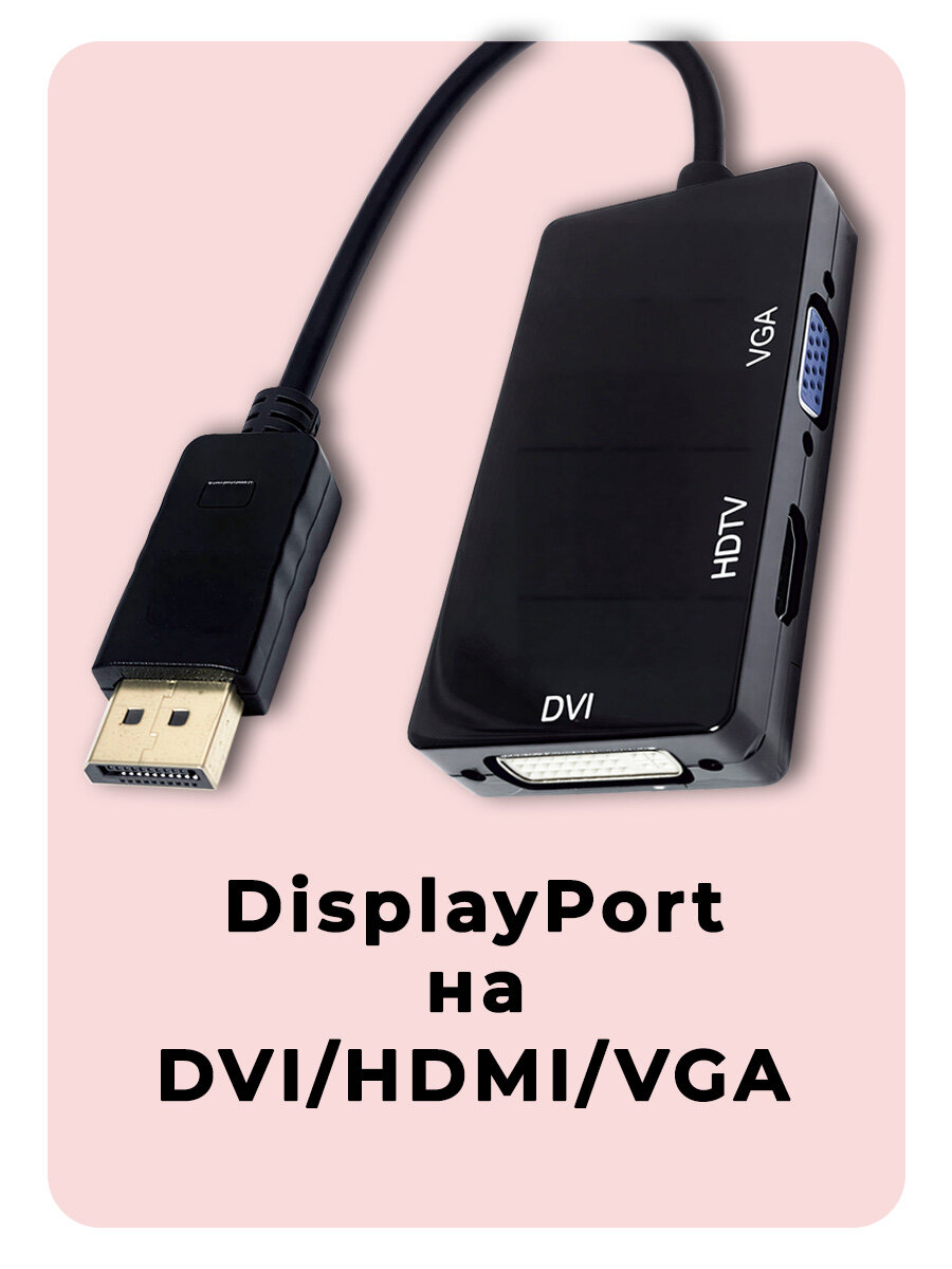 Переходник DisplayPort на HDMI-совместимый с DVI и VGA, кабель 20 см, чёрный