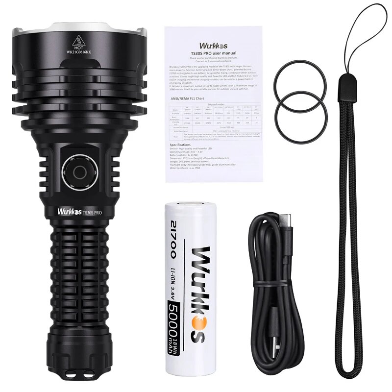 Wurkkos TS30S Pro 21700 Зарядной тактический фонарик LED USB-C 6000 люменов Фонарь MAX 1086M Стальной бейzel Anduril 2 Электроснабжение