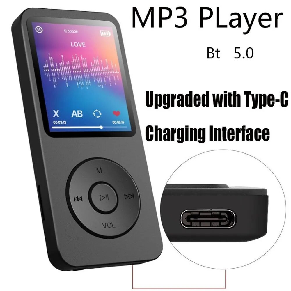 MP3-плеер, черный, с Bluetooth 5.0, обновленный интерфейс зарядки Type-C