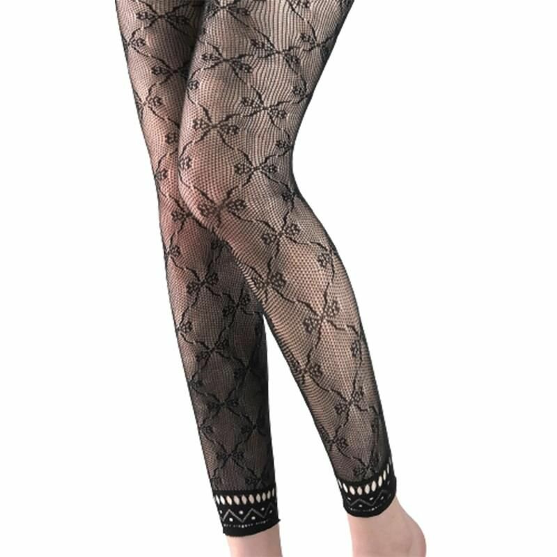 Женские чёрные сетчатые леггинсы с цветочным жаккардовым узором, 6