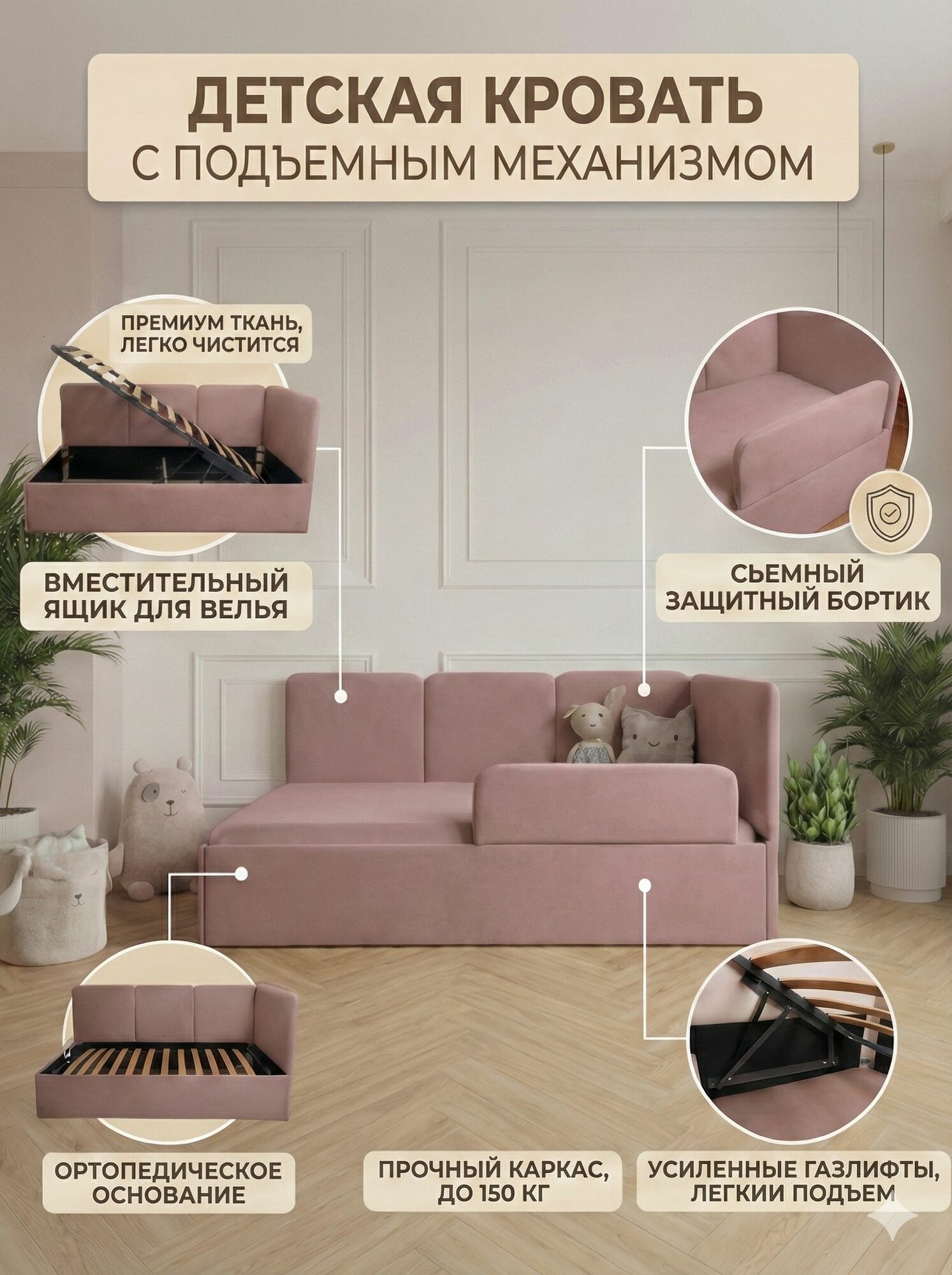 Детский диван-кровать 160 80 см Тренди с ортопедическим основанием и подъемным механизмом, кровать детская от 3х лет, спинка справа