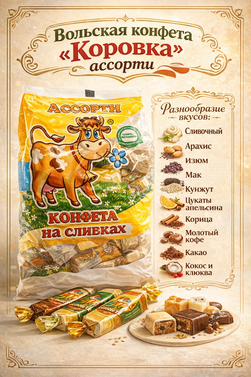 Конфета Вольский кондитер 1 кг. Cream Fudge, на сливках, ассорти.