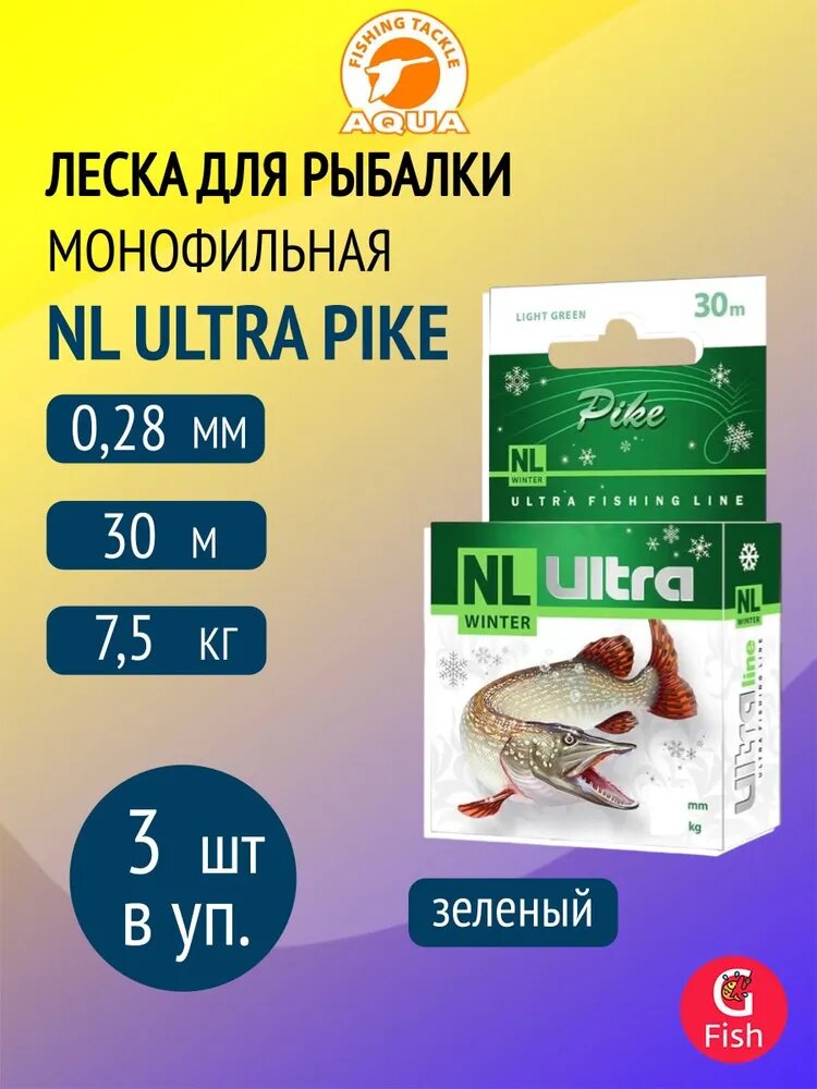 Леска зимняя для рыбалки AQUA NL ULTRA PIKE (Щука) 30m 0,28mm, цвет - светло-зеленый, test - 7,50kg ( 3 штуки )