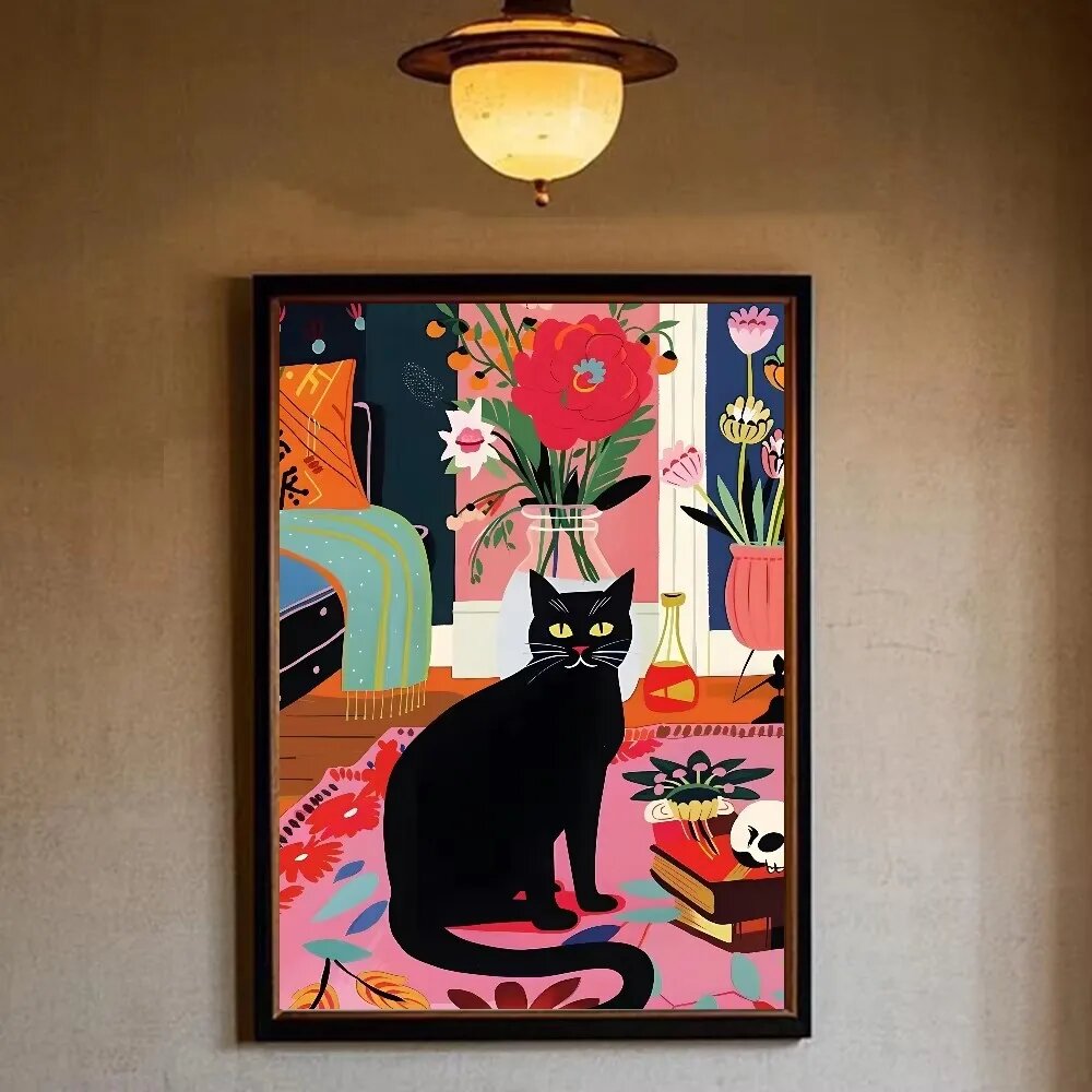 Абстрактный принт на холсте "Черная кошка, читающая газеты на Черный, WO1769-12, 20X30cm Unframed