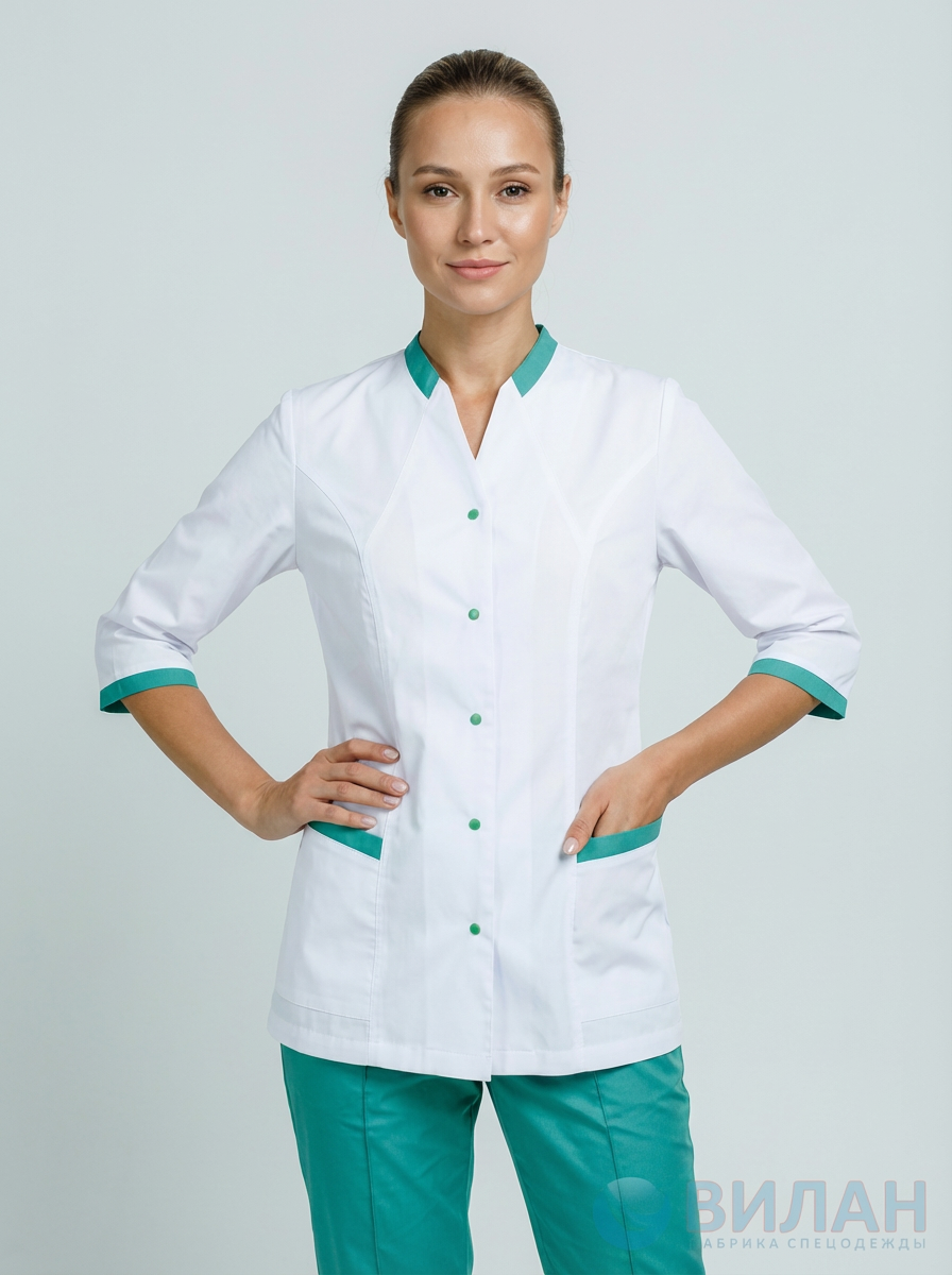 Костюм медицинский женский вилан, белая, отделка бирюзовая, тк. Тиси, размер 60-62, рост 170-176 см