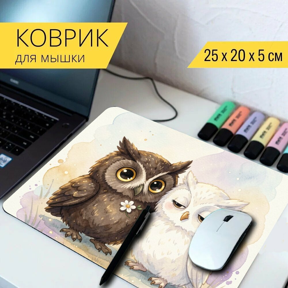 Коврик для мыши с принтом "Две милые совы акварель. Нежная иллюстрация с парой филинов в пастельных тонах: коричневая и белоснежная птички, большие глаза, цветок, мягкий." 25x20см.