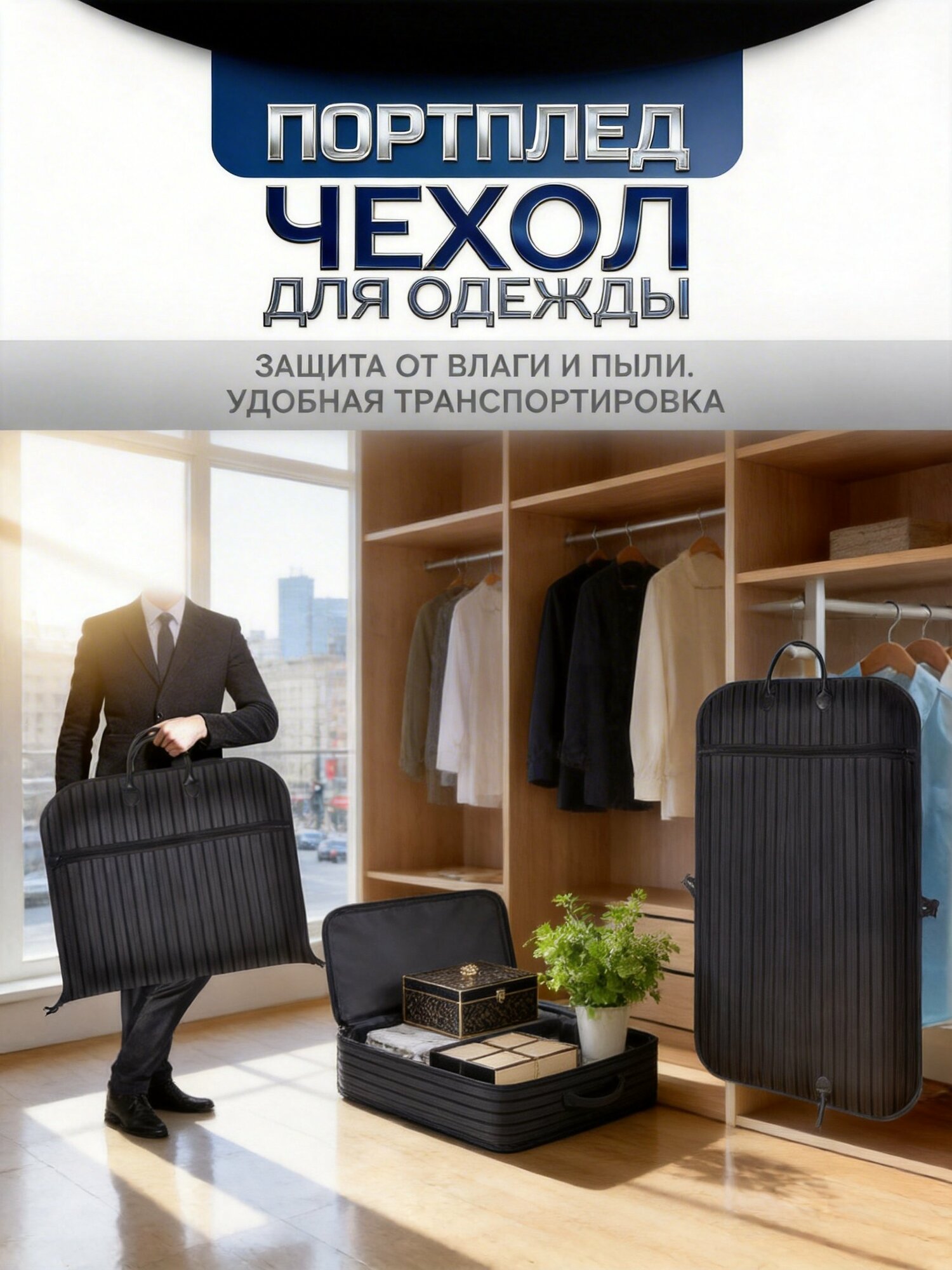 Портплед для костюма 100х60 см, дорожный чехол для одежды с водоотталкивающим покрытием и передним карманом в сложенном виде как портфель черный