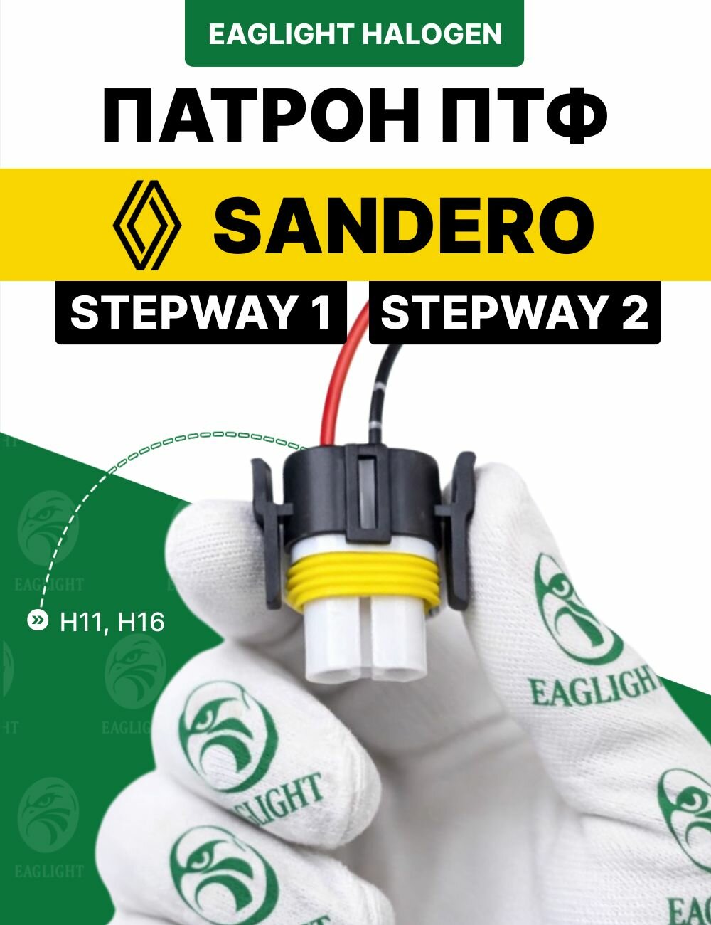 Рено Сандеро Степвей патрон птф / разъем противотуманки Renault Sandero Stepway 1, 2 фишка фары штекер BSH11C (цоколь H11, H16) EagLight код nbuvc8724bv