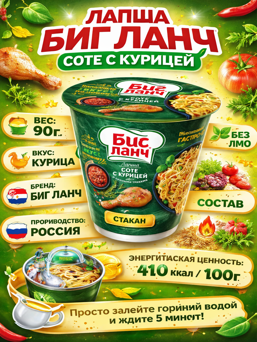 Лапша быстрого приготовления Биг ланч соте с курицей, 90г