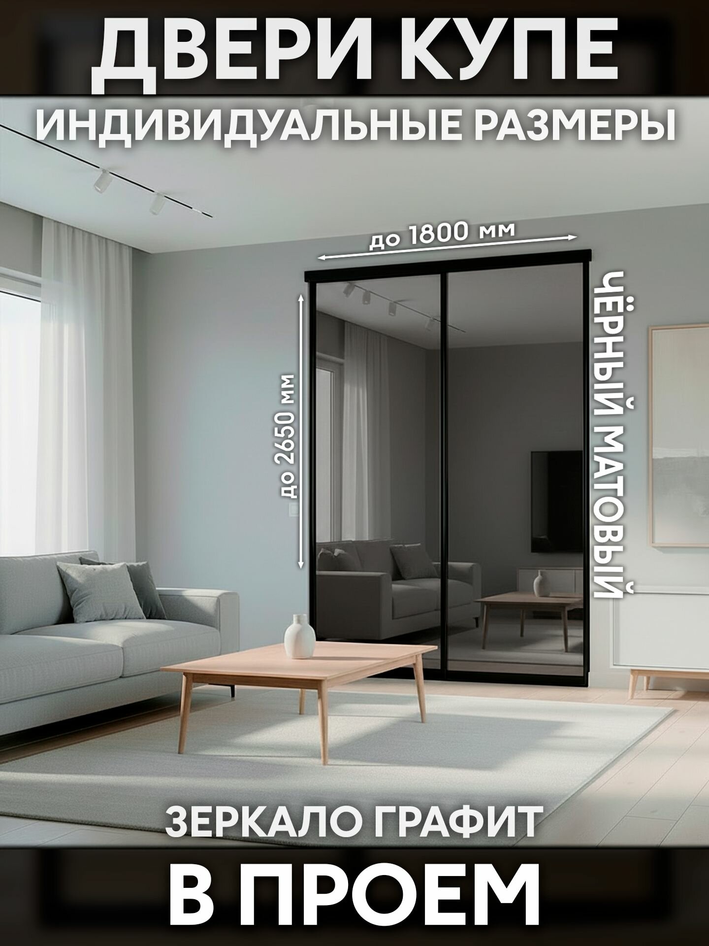 Комплект дверей-купе (2 шт.) с системой Аристо (ARISTO) Зеркало Графит в проем до 2650мм по высоте и до 1800мм по ширине, в гардеробную, нишу или шкаф-купе