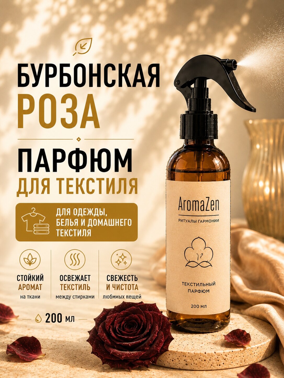 Текстильный парфюм Бурбонская роза аромат для дома, одежды и белья AromaZen, 200 мл