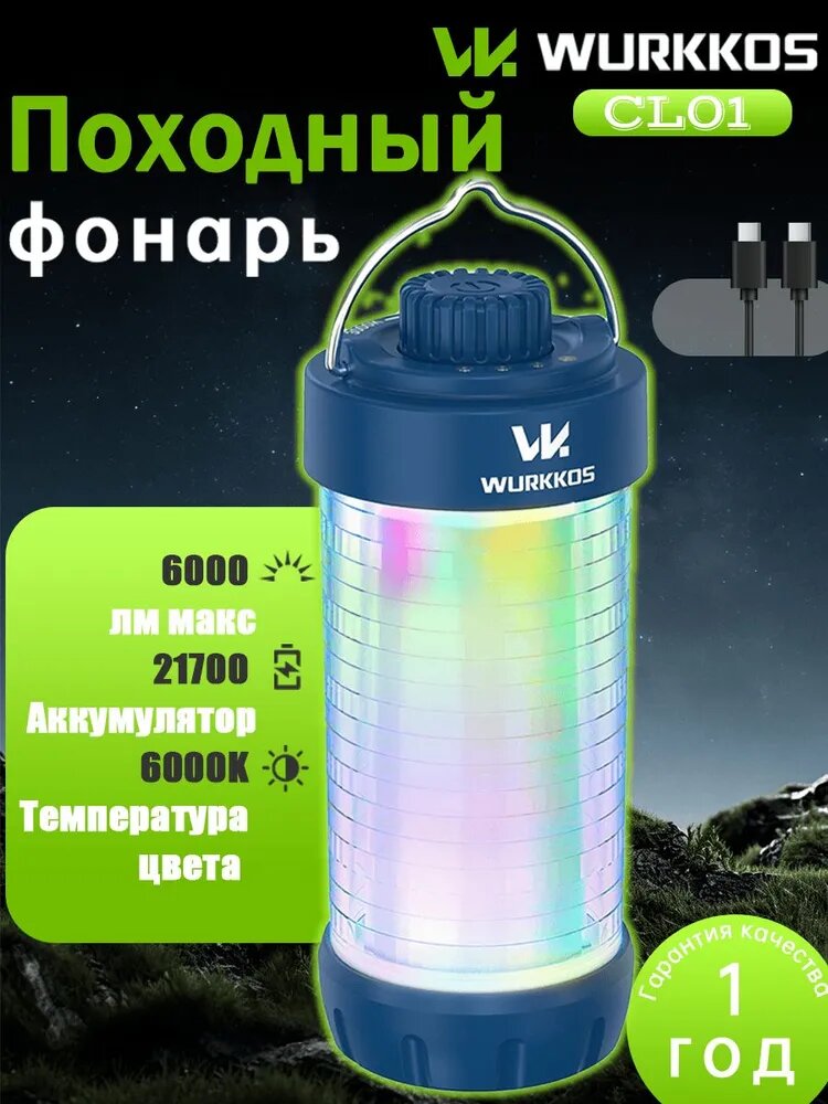 Wurkkos Синий Mini CL01 550 лм, тёплый/белый свет 3000K-6000 К, Магнитная задняя крышка Перезаряжаемый фонарь для кемпинга