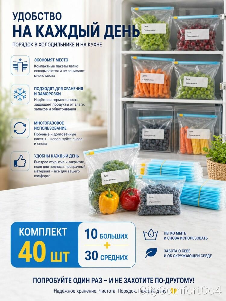 Зип пакет многоразовые 2 размера 40 шт в наборе 26.5x30 и 23x15 см для хранения продуктов — фото 1