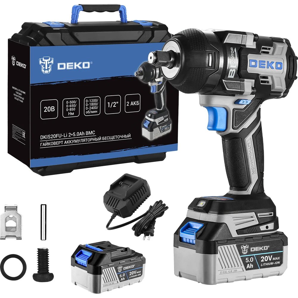 DEKO Гайковерт аккумуляторный бесщеточный DKIS20FU-Li, 20В, 2х5.0Ач, 1000 Нм, в кейсе 063-4433