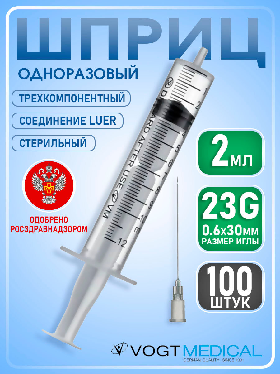 Шприцы 2мл с иглой 23G (0,6х30мм) LUER одноразовые стерильные трехкомпонентные Vogt Medical - 100 штук