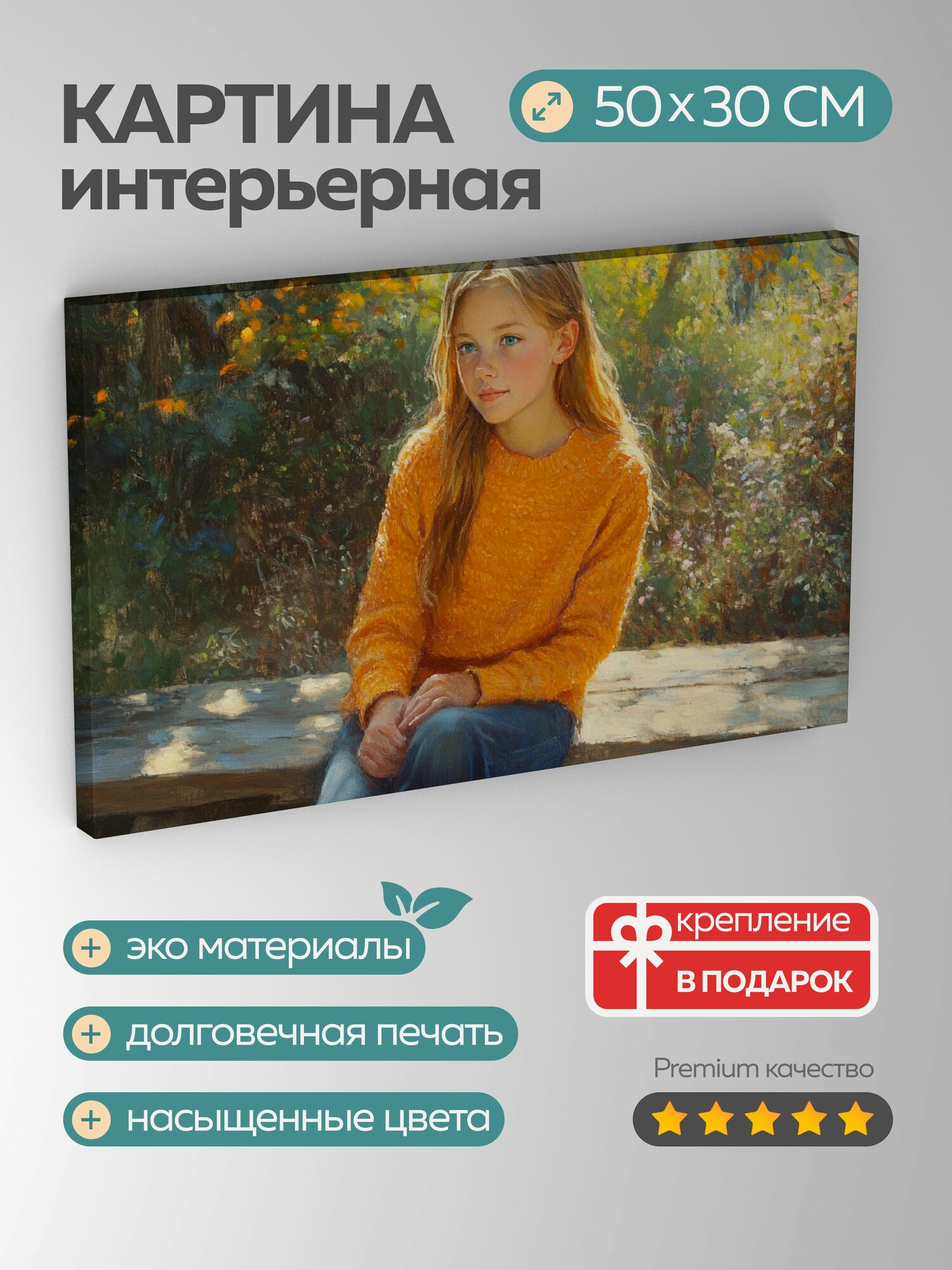 Картина на холсте интерьерная 50х30 см, девушка, свитер, скамья, солнце, сад, свет, тень, масло, деревня, молодость