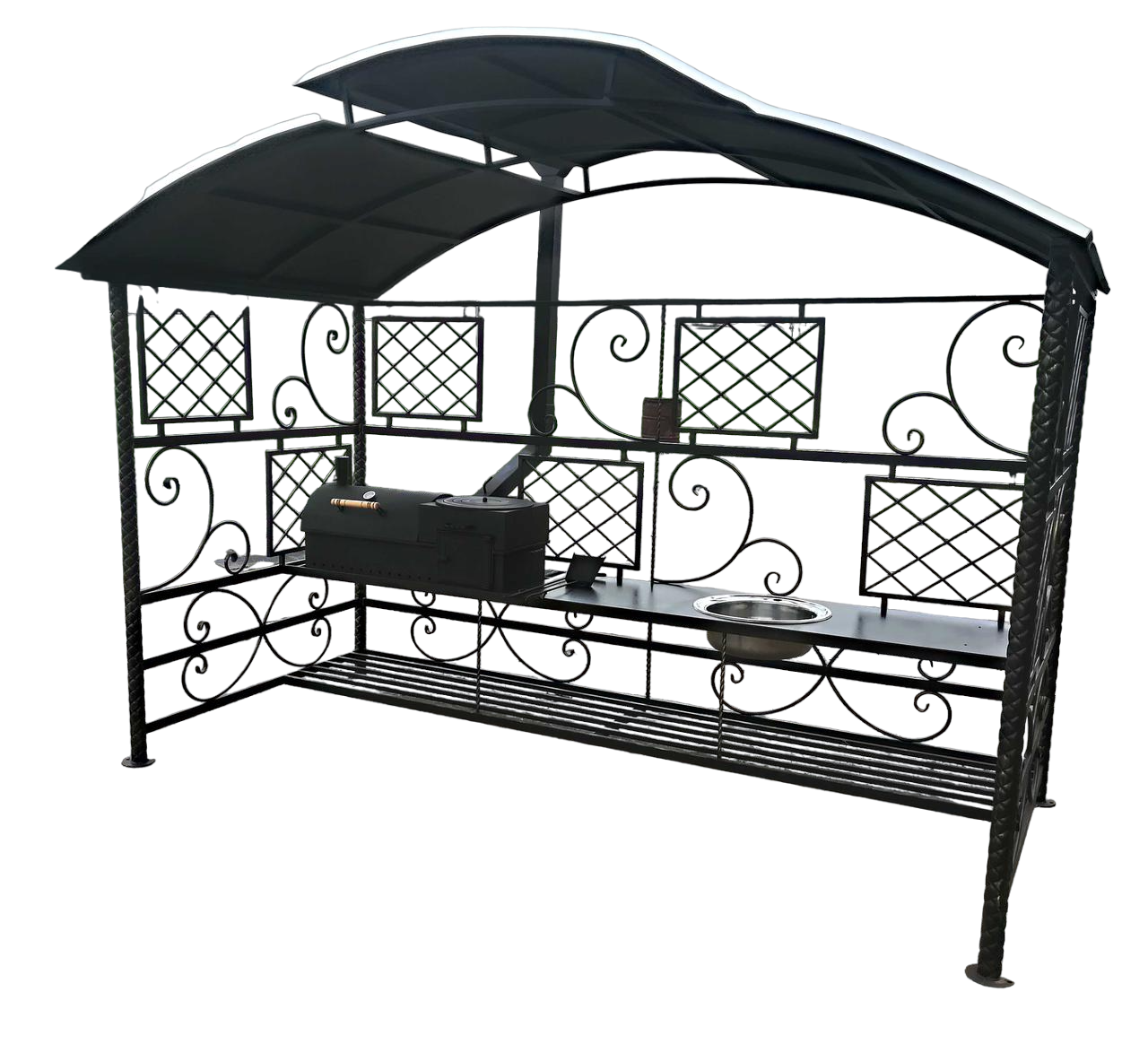 Беседка-мангал, барбекю, гриль, печь под казан, с крышей 4 в 1, с элементами ковки - Максимус 3м