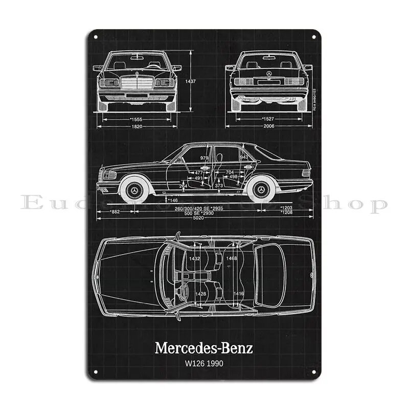 Металлический знак Mercedes-Benz W126 1990, 40x30см