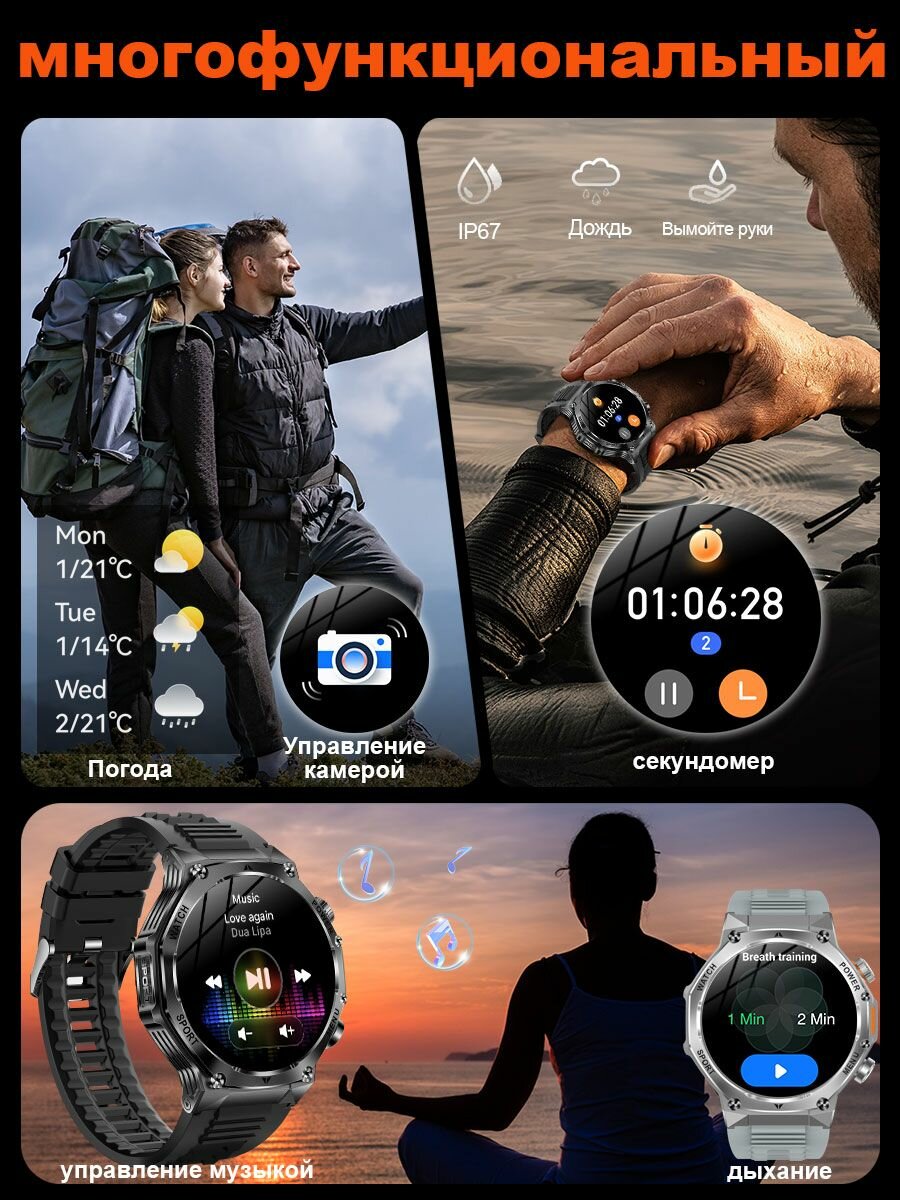 Часы наручные мужские смарт прямоугольные, водонепроницаемые , с фонариком, вызова по Bluetooth для Android iOS