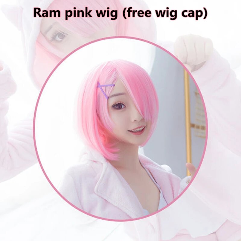 Розовый костюм Rem Ram для косплея, XL, Ram Wig