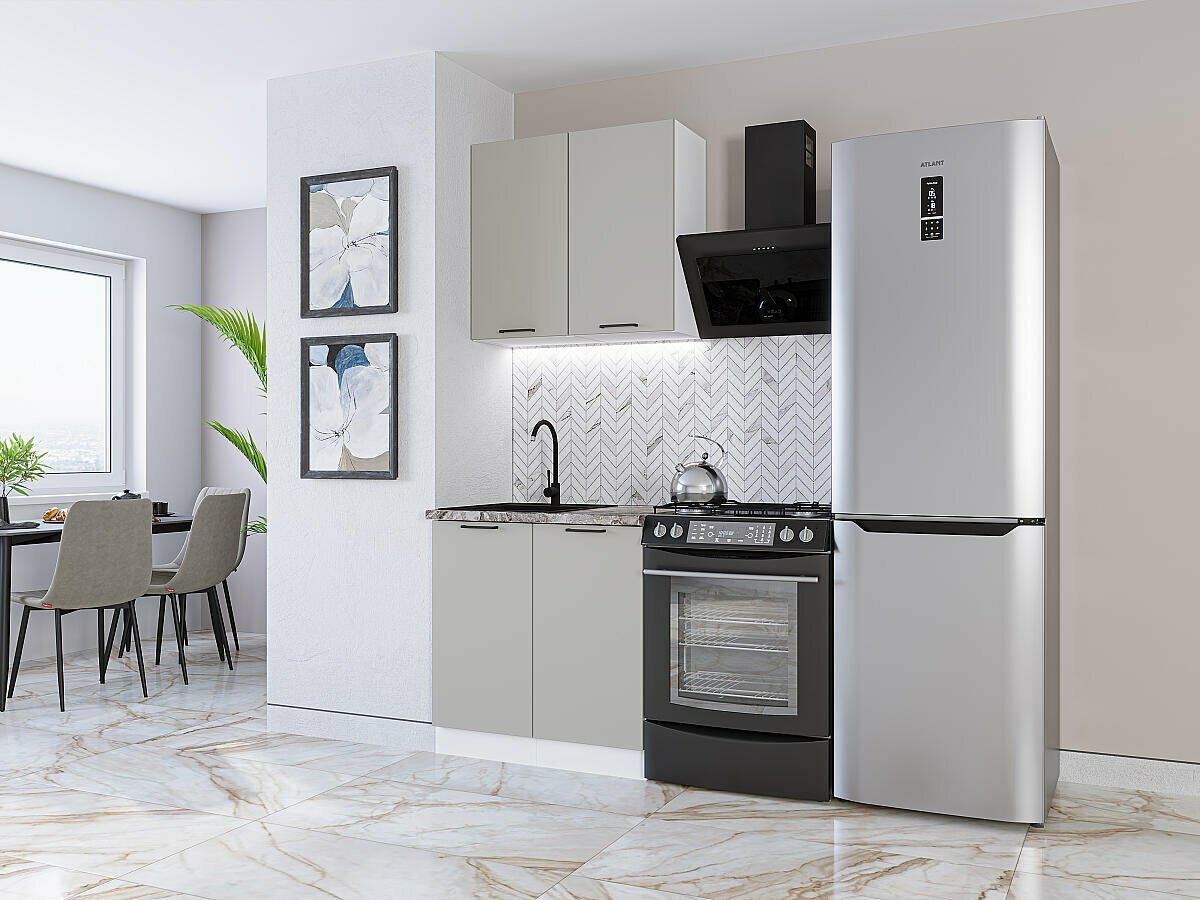 Кухня Флэт-03, цвет фасада Light Grey In 2S, цвет каркаса Белый, 2140*800*600 мм