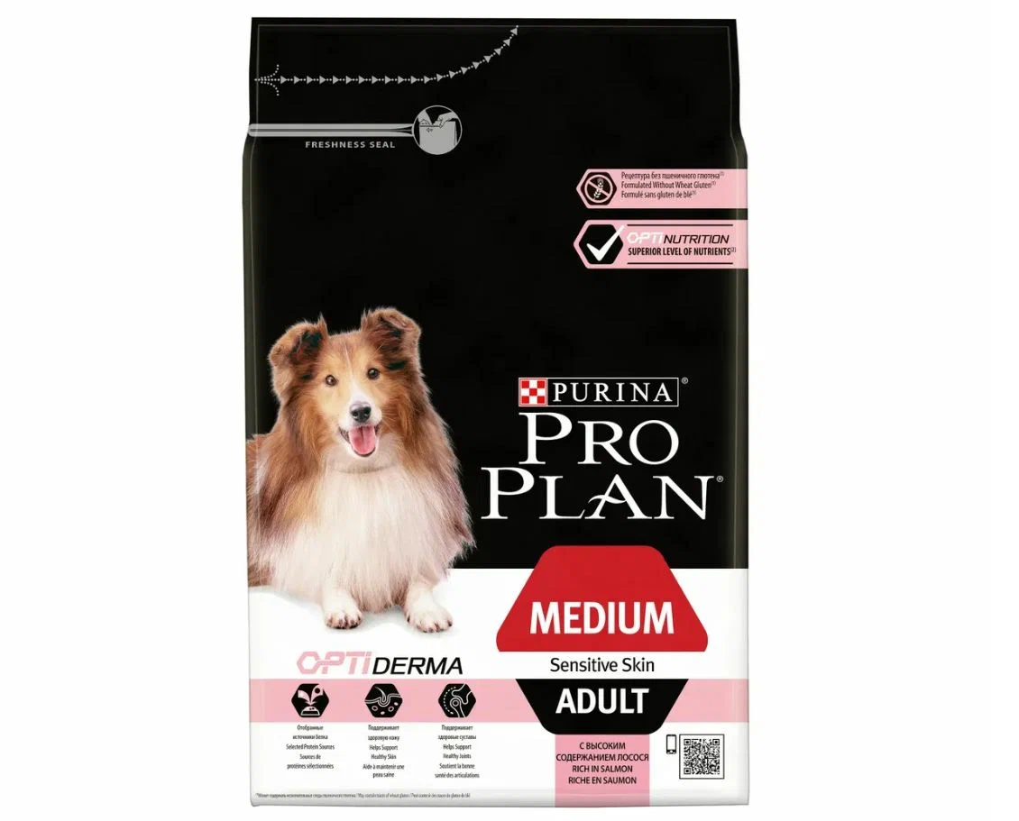 Pro Plan сухой корм для взрослых собак средних пород с чувствительной кожей, с высоким содержанием лосося,3000 г