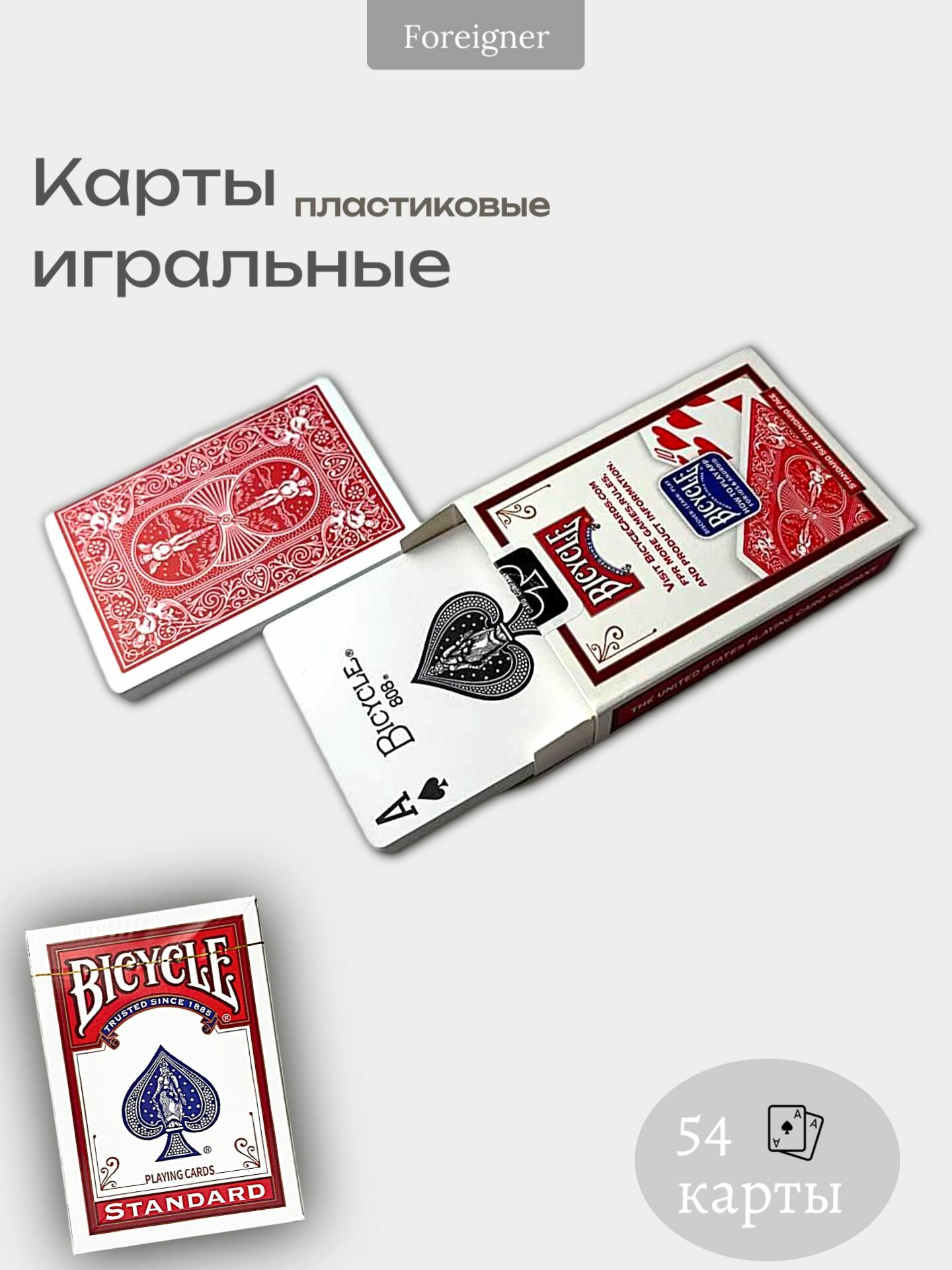 Карты игральные BICYCLE Standart пластиковые 54 шт, для покера, карточных игр и досуга