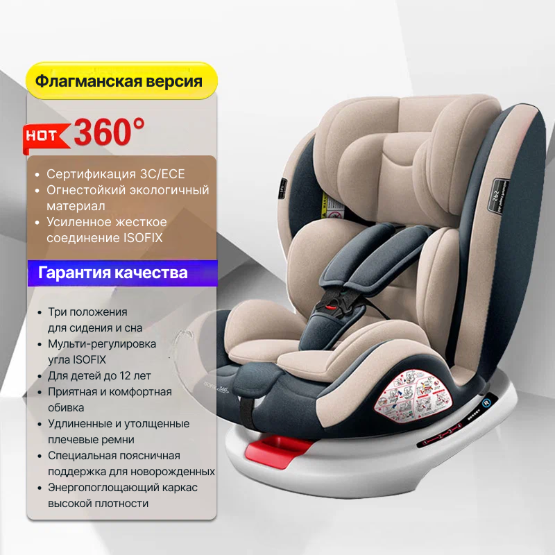 Детское автокресло Baby Car, вращающееся на 360 градусов, бежево-синий версия 2