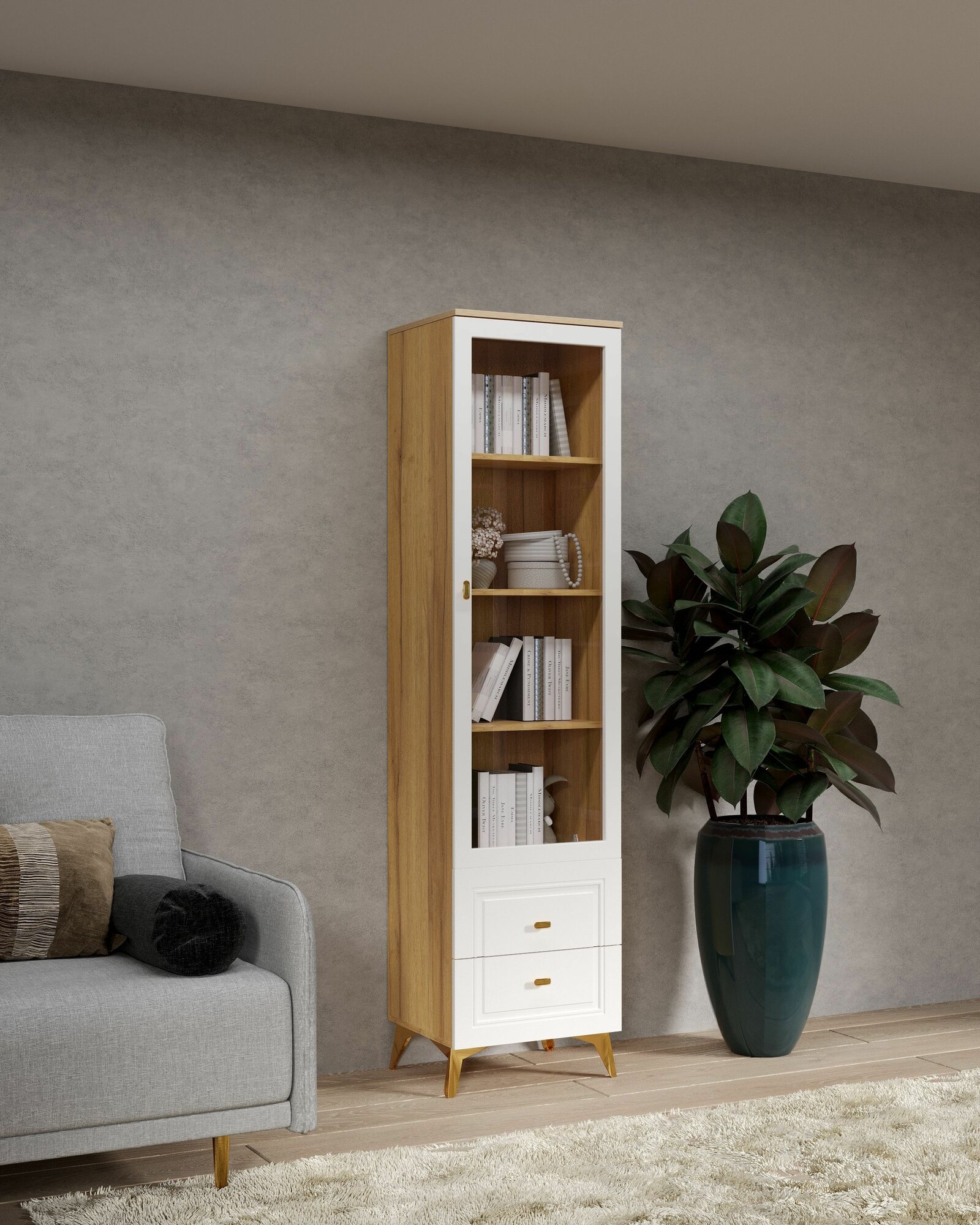 Книжный шкаф Кураж "Вега Сапфир", ЛДСП, МДФ, белый глянец, 55 см x 205 см