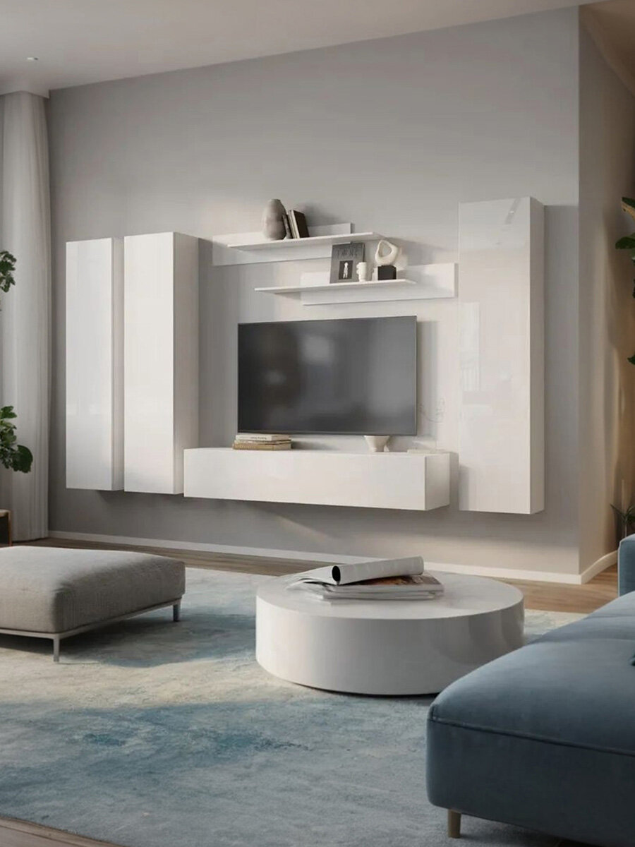 Стенка для гостиной POINT-К13W, модульная гостиная, тв тумба подвесная, Белый Глянец, 280х170х40 см. (ШхВхГ)