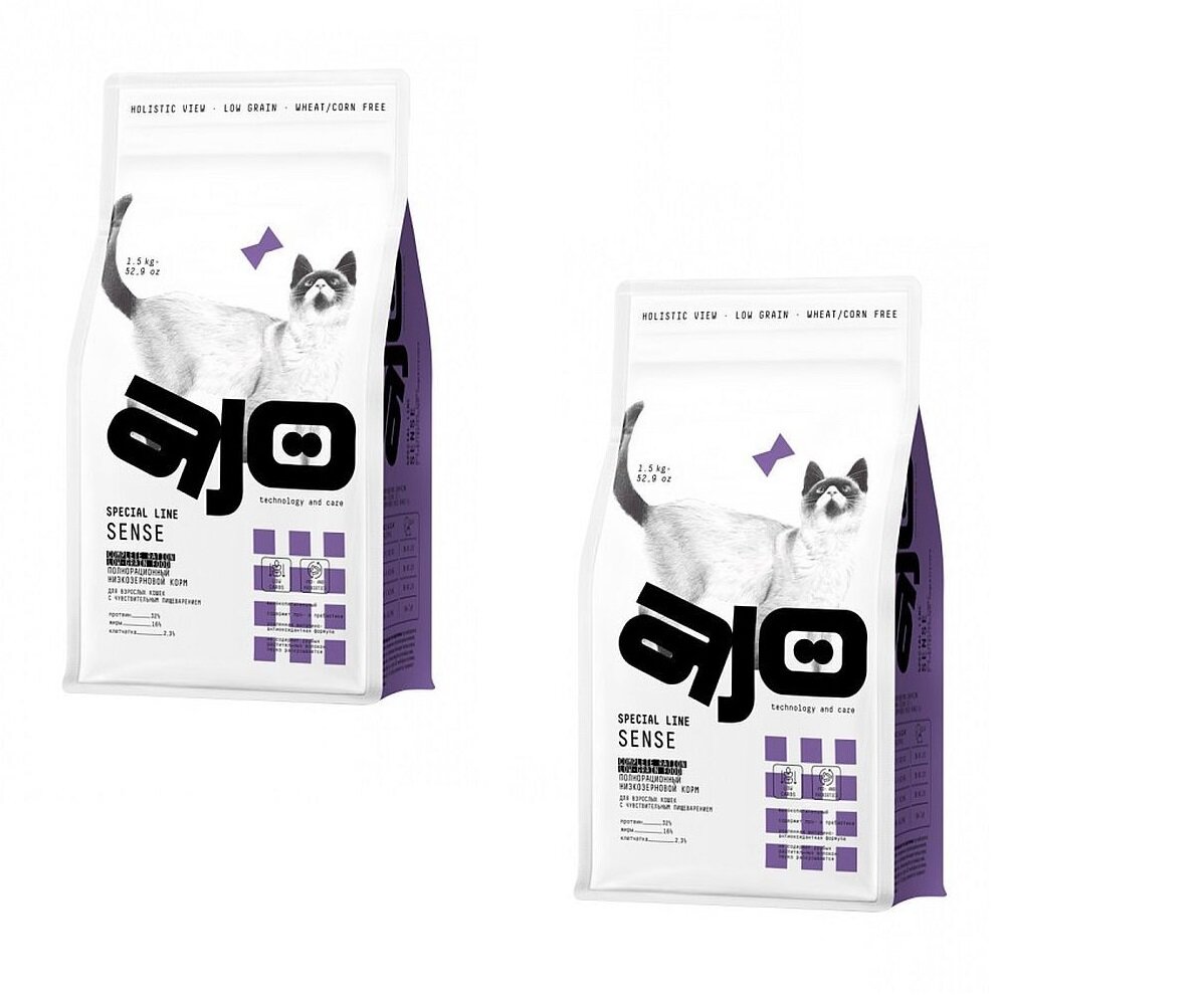 Сухой полнорационный корм AJO Cat Sense для кошек с чувствительным пищеварением с олениной 1х, 1,5кг 2шт