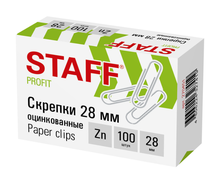 Скрепки STAFF, 28 мм, оцинкованные, 100 шт, в картонной коробке, 270451