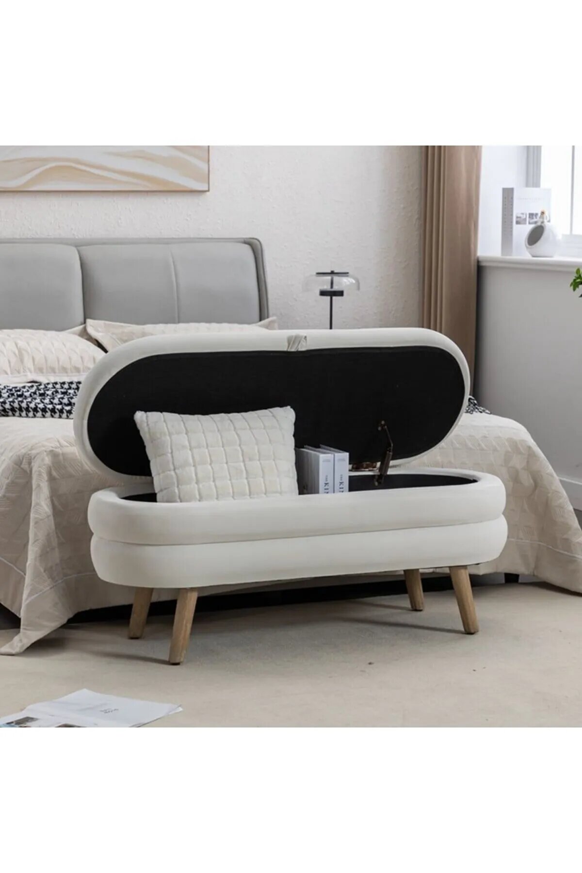 Банкетка 90х42х35см, с местом хранения, на ножках , белая, велюр , с выбором оттенка