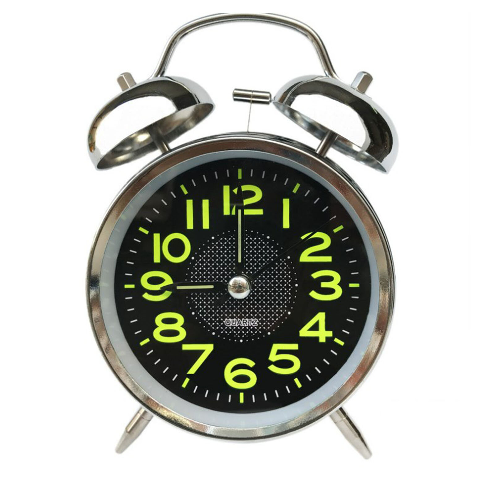 4-дюймовый двойной звонок-будильник с подсветкой, светящийся циферблат, бесшумные будильники на батарейках для спальни, прикроватные металлические, серебристые