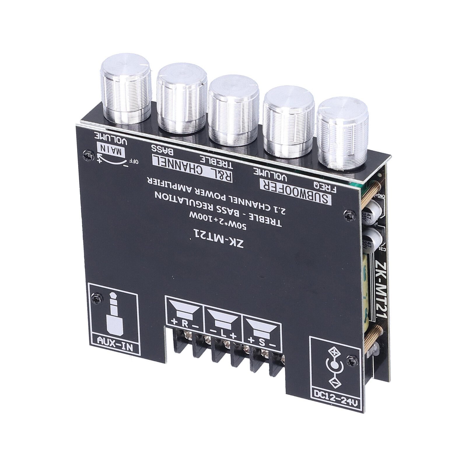 Модуль цифрового мощного усилителя 2.1 с басом, левыми и правыми каналами, плата усилителя в коробке, AUX+Bluetooth, BT 5.0, входная чувствительность 500mV, 20-100W 4-8Ω, защита от обратного подключения, перегрева, перетока, короткого замыкания, адаптер