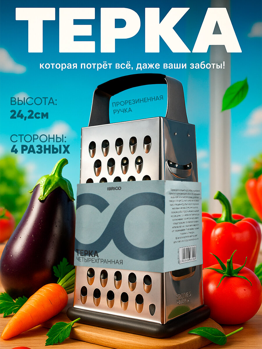 Тёрка IBRICO, нержавеющая сталь, для овощей, для моркови, для имбиря, для зелени, 24,2 см