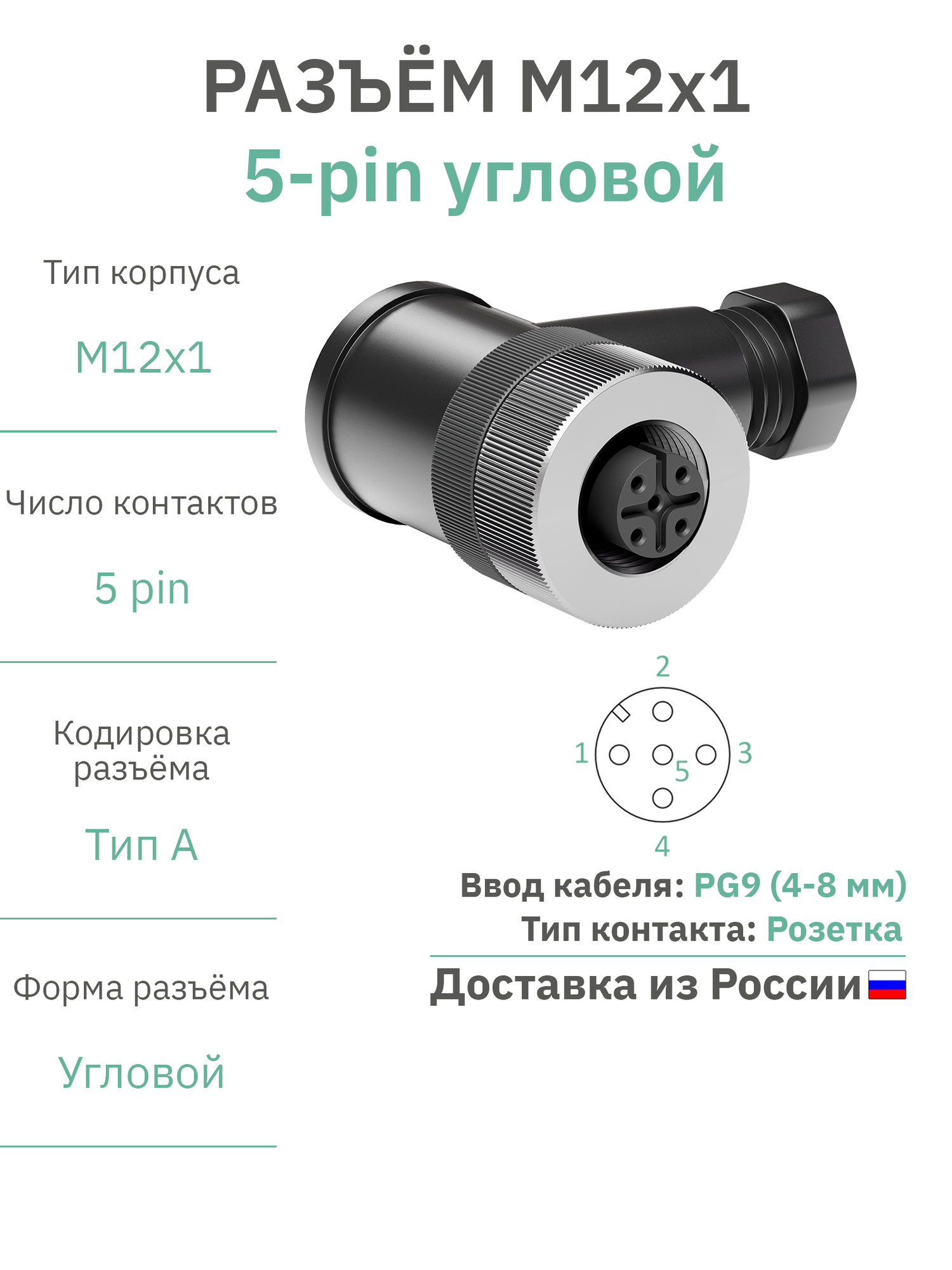 Разъём М12 5 pin угловой / розетка (мама) / PG9 (4-8 мм диаметр под кабель) / модель RAZM-F12-C5A-PG9