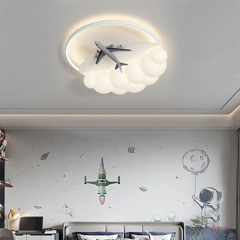 Детская комната, облака и самолет, спальня, верхний свет