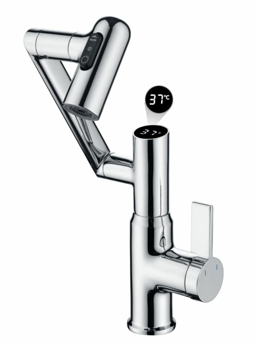 Смеситель для раковины горячей и холодной Robern цельная латунь Блестящий хром, вращение в трёх плоскостях на 360 градусов, 3 режима подачи воды, аэратор индикатором температуры