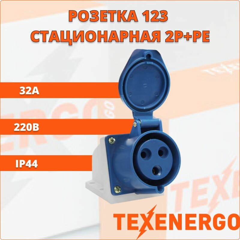Розетка 123 стационарная ОУ 2Р+PE 32А 220В IP44 накладная красная белая Texenergo SE123-032M