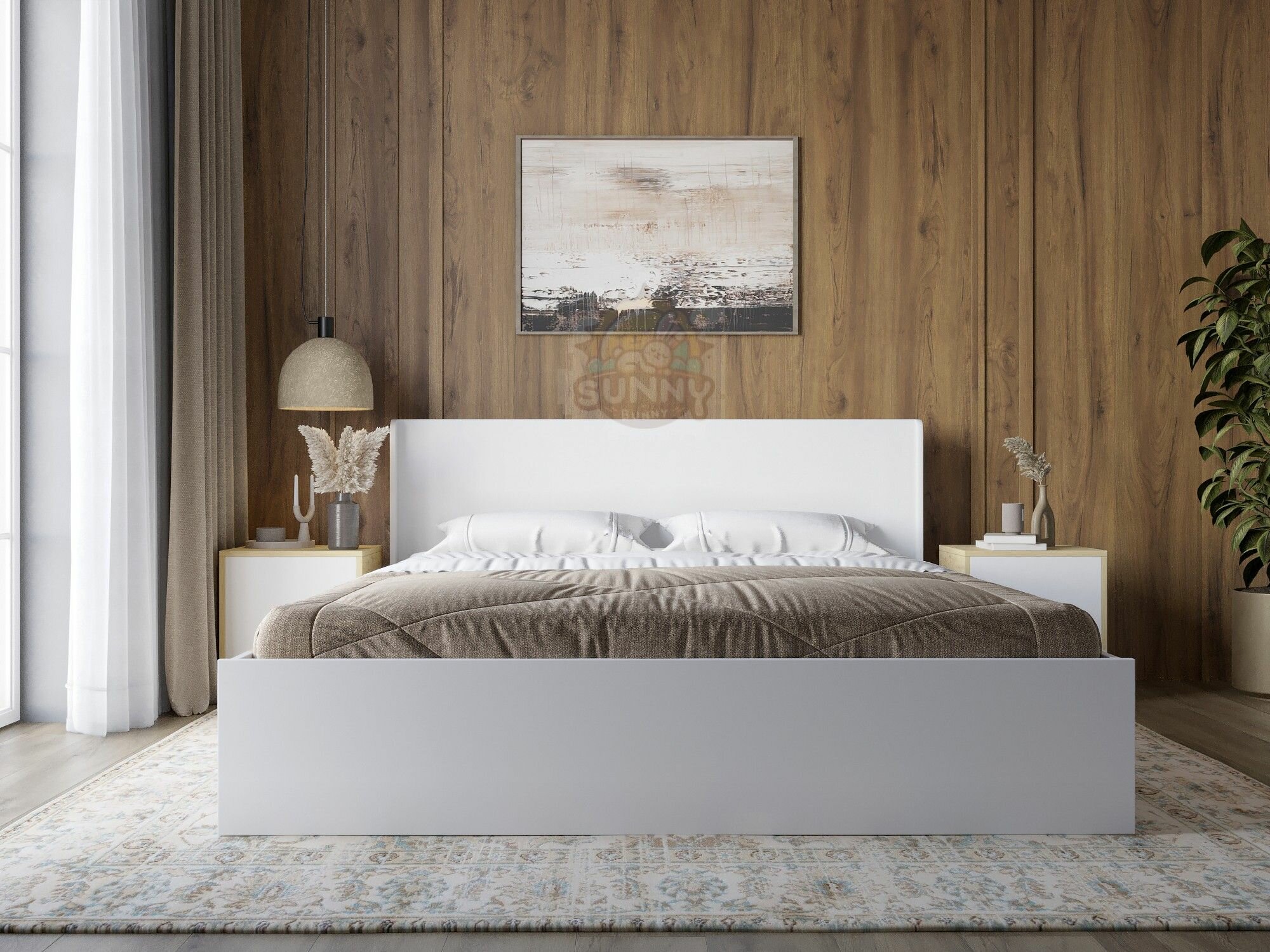 Двуспальная кровать Sicilia 180х190 см, с двумя тумбами, (матрас-sleep CLASSIC) ортопедическое основание, ЛДСП (Белый)