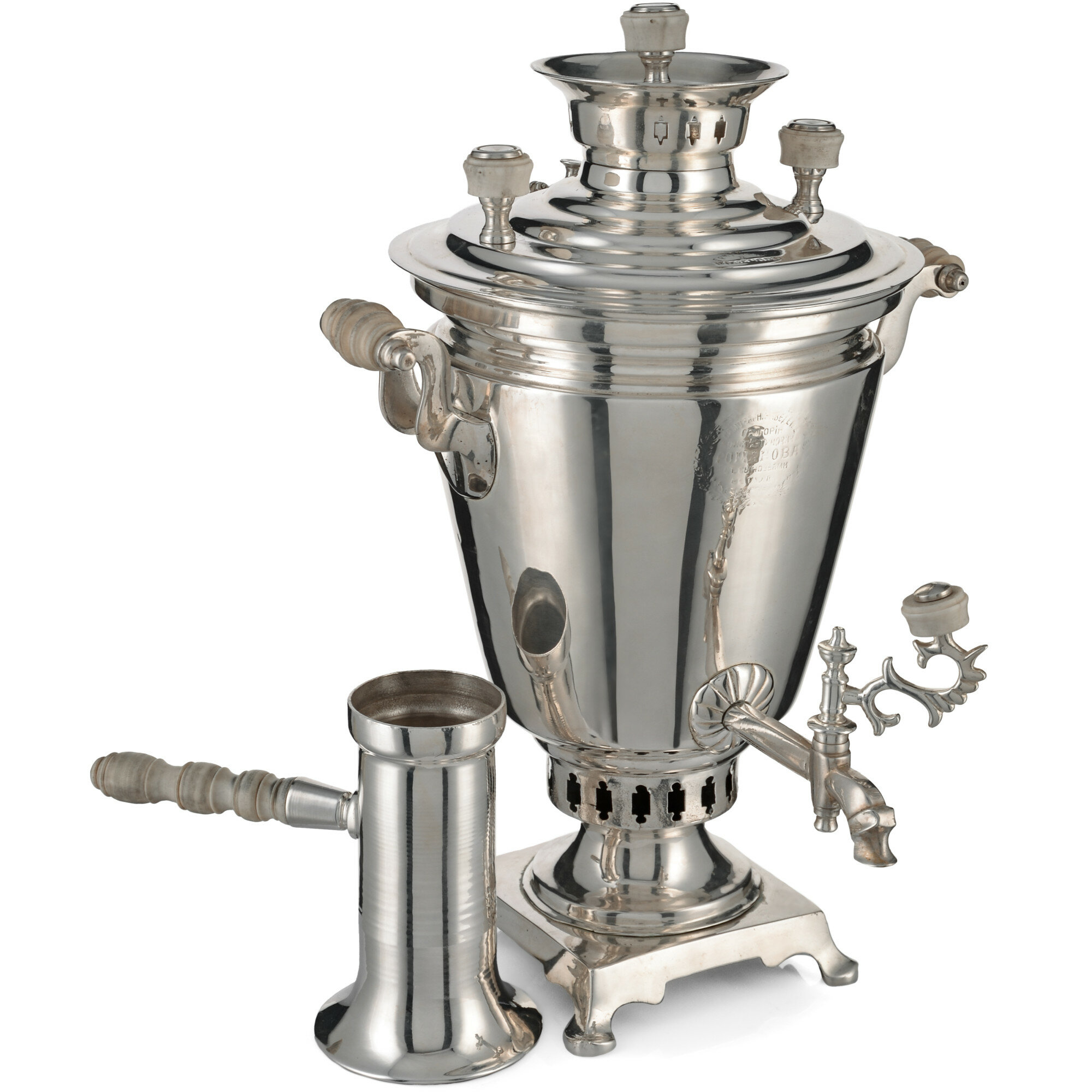 Самовар антикварный на дровах 1,1 литра формы «Рюмка» Романов, с трубой, фурнитура кость, посеребрённый
