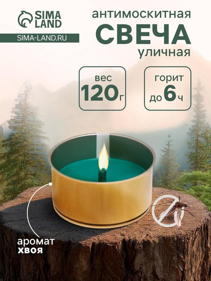 Ароматическая свеча уличная антимоскитная, 10×4.5 см, 120 г, 6 ч, хвоя, зелёный, 2 шт.