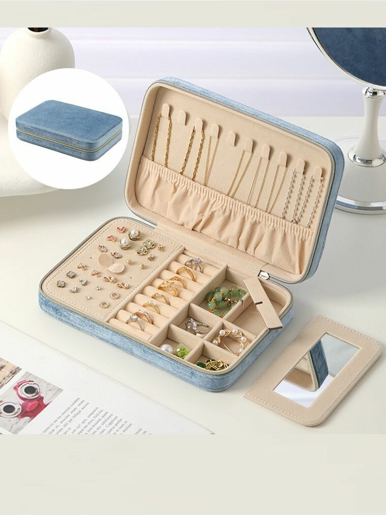 Шкатулка Fletiter, синяя, с зеркалом, натуральная кожа, фланель