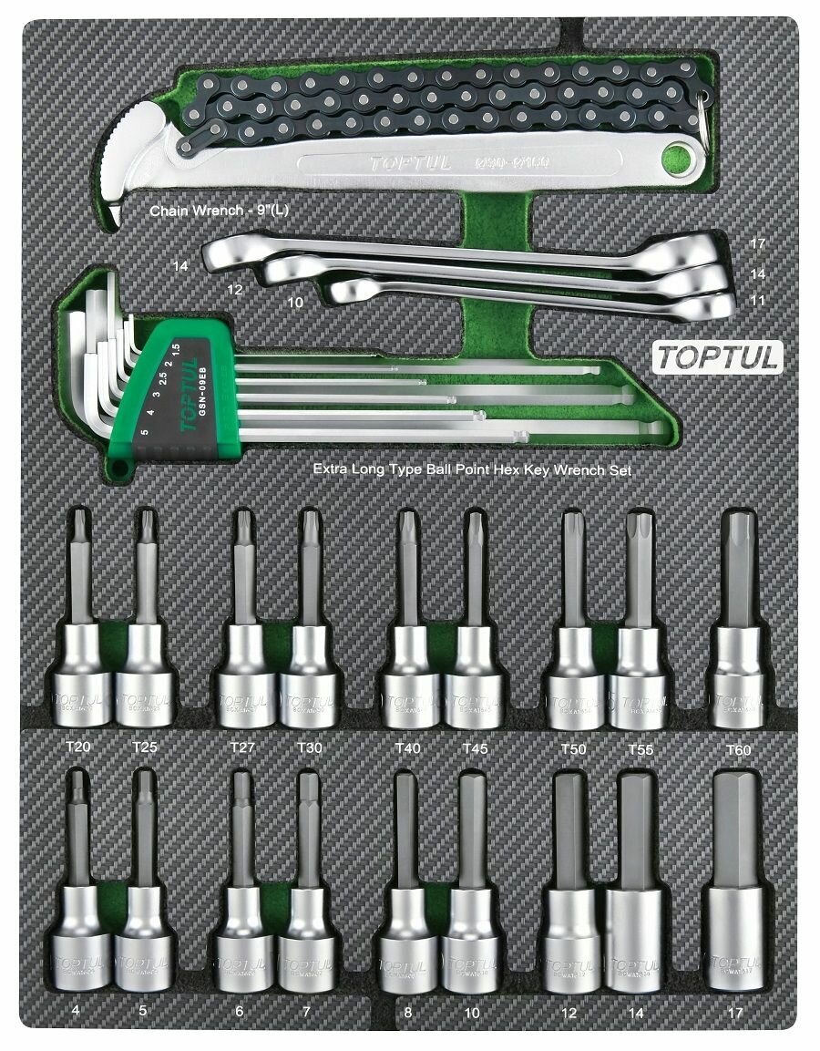 Набор торцевых бит TORX/HEX, ключи Г-образные, разрезные, профессиональный, 31 предмет, в ложементе, TOPTUL GEB3109