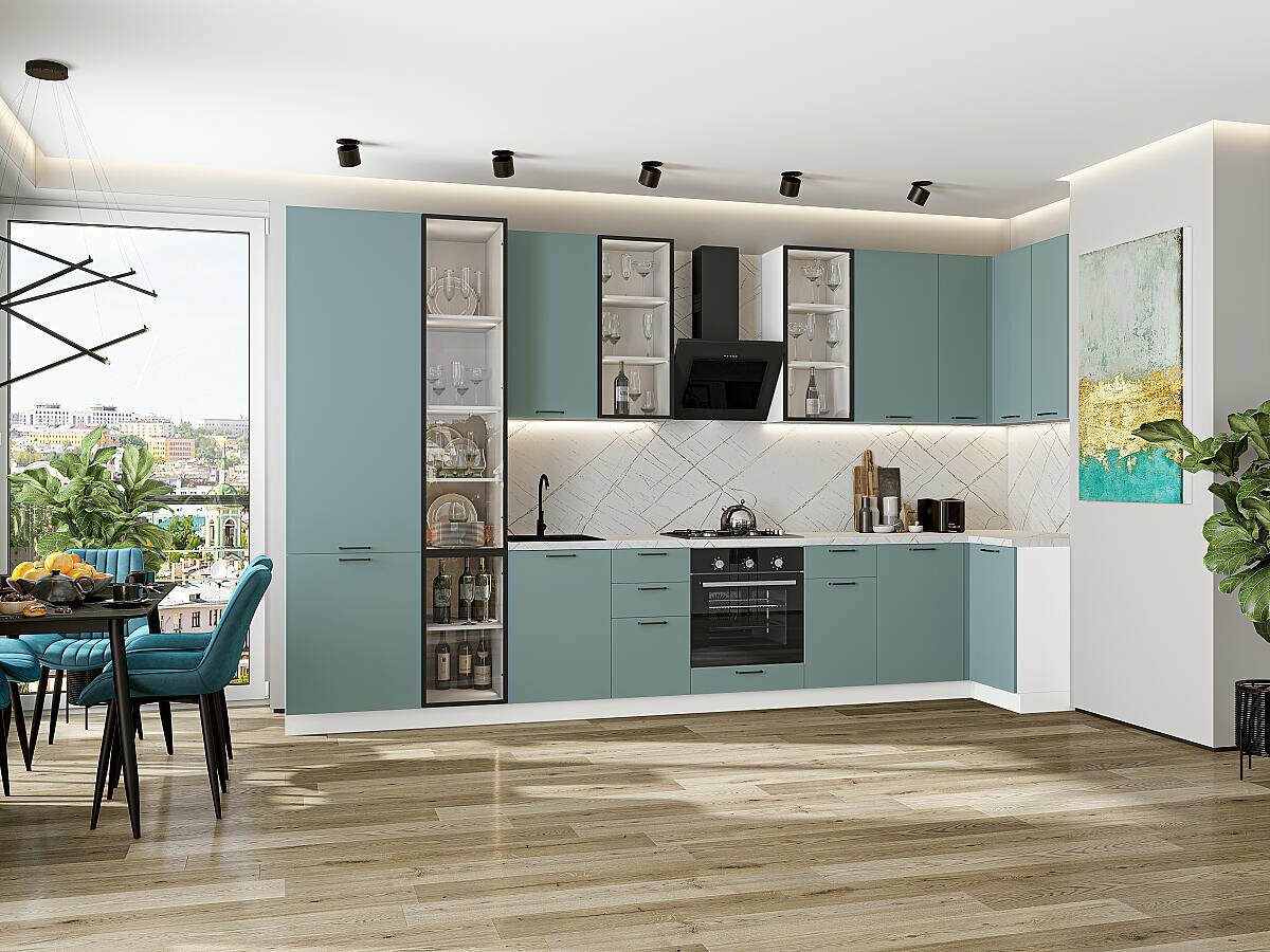 Кухня Флэт-05, цвет фасада Grey-green In 2S, цвет каркаса Белый, 2340*4000/1000*600 мм