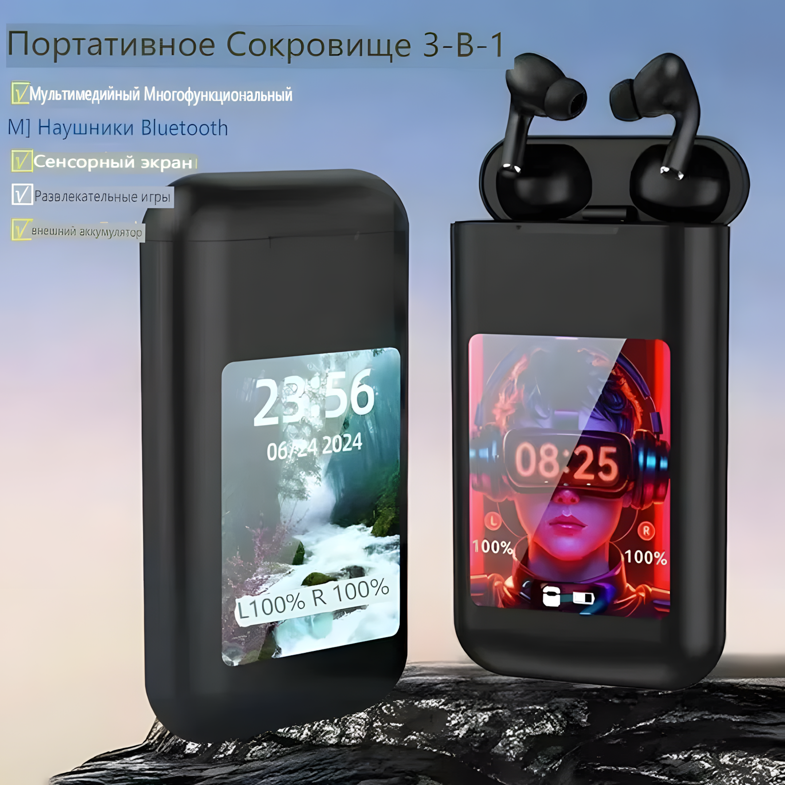 Беспроводные наушники, 3в1, AKG K44, Power Bank, 8000mAh, сенсорное управление, черный